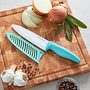 Farberware Ceramic Chef Knife with Custom-Fit Blade Cover, Razor-Sharp Kitchen Knife with Ergonomic Handle, Dishwasher-Safe, 6-inch, Aqua