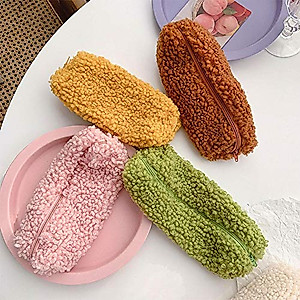QIANSHENG 5 Pack Faux Lambswool Pencil Case Cute Plush Fuzzy Pen Pouch Bag Kawaii Zipper Cosmetic Bag Make Up Organizer School Office Supplies(Pink, Gray, White,Yellow,Brown)