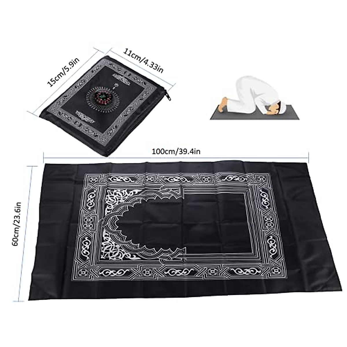 Hitopin Travel Prayer Mat, 60cm*100cm Praying Rug, Portable Polyester Prayer Rug with Compass, Islamic Waterproof Prayer Mat, Musilm Prayer Mat, for Ramadan Gifts, Islamic Prayer (Black)