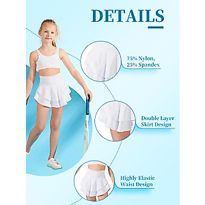 Soudittur Girls Tennis Skirt with Shorts Kids Golf Clothes High Waisted Toddler Athletic Skort with Pockets (L, White)