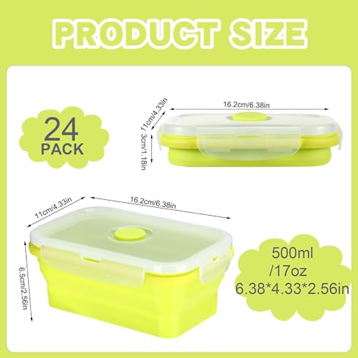 Hushee 24 Pcs Silicone Collapsible Food Storage Containers 17 oz Collapsible Snack Containers with Lid Vent Airtight Meal Prep Bento Lunch Box, Microwave Dishwasher Safe(Green)
