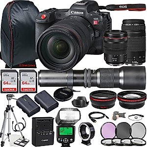 Canon EOS R5 C Mirrorless Cinema Camera w/RF 24-105mm f/4 L is USM Lens + EF 75-300mm f/4-5.6 III Lens + 500mm f/8 Focus Lens + 2X 64GB Memory + Filters + TTL Flash + More (35pc Bundle)