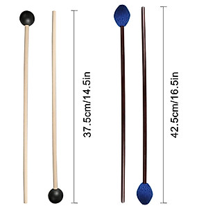 UNIME 2 Pairs Keyboard Marimba Mallets Wood Handle, Medium Blue Hard Yarn Head Keyboard Marimba Mallets, Black Rubber Bell Mallets Glockenspiel Sticks