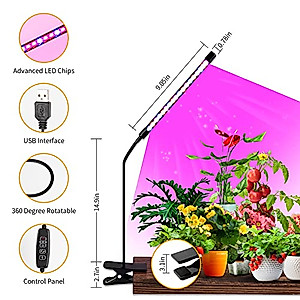 PYLYFE Full Spectrum Plant Grow Light, Grow Lights for Indoor Plant, Clip-on Full Spectrum Grow Light, Flexible Gooseneck, Automatic Timer, 4 Brightness Levels for Seedling Growing Blooming Fruiting 