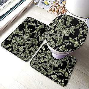 WONDERTIFY 3D Dollars Bathroom Antiskid Pad Hundred Money Falling 3 Pieces Bathroom Rugs Set, Bath Mat+Contour+Toilet Lid Cover