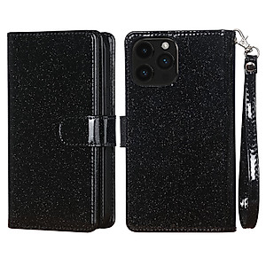 Varikke for iPhone 12 Pro Max Case Wallet, Detachable Magnetic Flip Fits iPhone 12 Pro Max Wallet Case for Women Men with Card Holder & Kickstand & Wrist Strap Glitter PU Leather Cover 6.7", Black