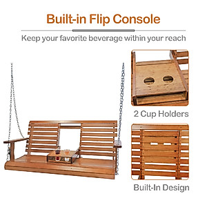 Vilobos Wooden Porch Swing with Folding Cup Holders 2-Seater, Patio Swing Bench for Outdoor Heavy Duty Chains, 500 lbs Weight Capacity Hanging Swing for Garden, Backyard, Front Porch, Balcony, Brown