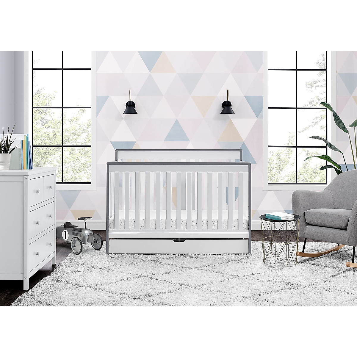 Delta Children Mercer 6-in-1 Convertible Crib with Storage Trundle, Greenguard Gold Certified, Bianca White/Grey