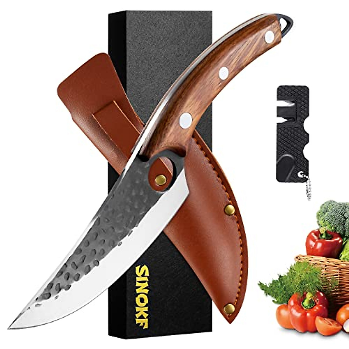 Hand-Forged Boning knife with Sheath, Pocket Knife Sharpener with Gift Box Martensitic Stainless Meat Cleaver Butcher Knives Chef knife Vegetable Knife Asian Knife