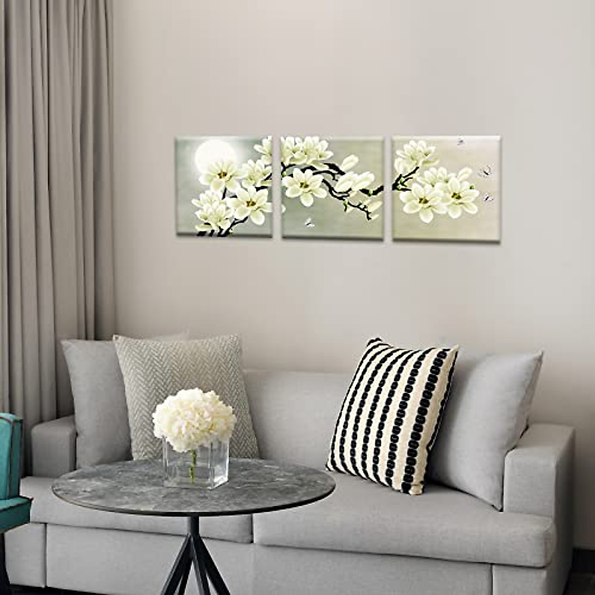 Natural art – White Magnolia & Butterfly Under the Moon Modern Giclee Canvas Prints Paintings to Photo Printed Artwork for Wall Decor