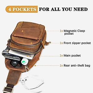 Handadsume Thick Crazy horse Leather Triangle Crossbody Sling Chest Bag Travel One Shoulder Bag Daypack For Men Male 3028 (100% Genuine Leather-8013 Brown)