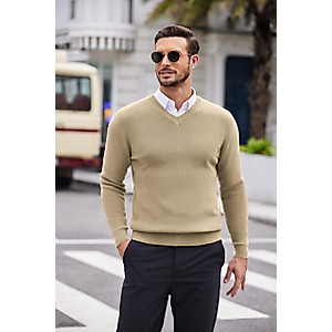 COOFANDY Men V Neck Dress Sweater Knit Long Sleeve Casual Slim Fit Pullover Sweater Khaki