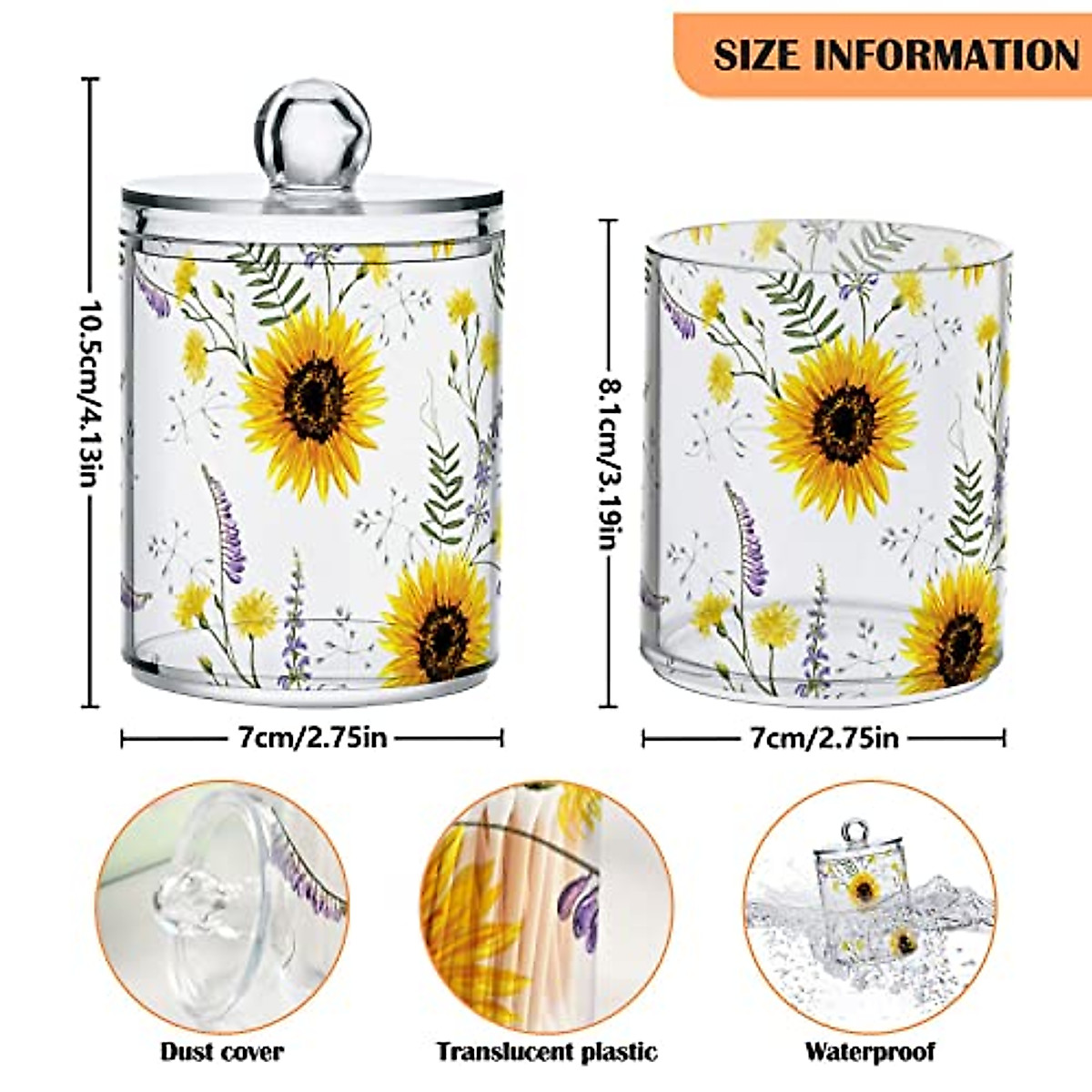 Kigai 2 Pack Apothecary Jars Sunflower Floral White Qtip Holder Organizer Clear Airtight Container for Cotton Swabs Food Storage 14oz Plastic Jars with Lids