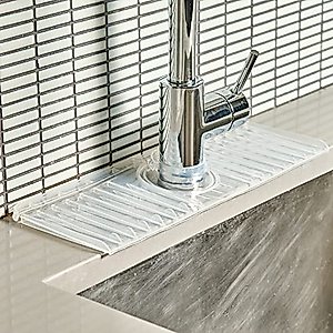Kitchen Sink Splash Guard - Silicone Faucet Handle Drip Catcher Tray with Water Repellent Finish, 3 in 1 - Soap Dish, Sponge Holder & Drying Mat, Clear