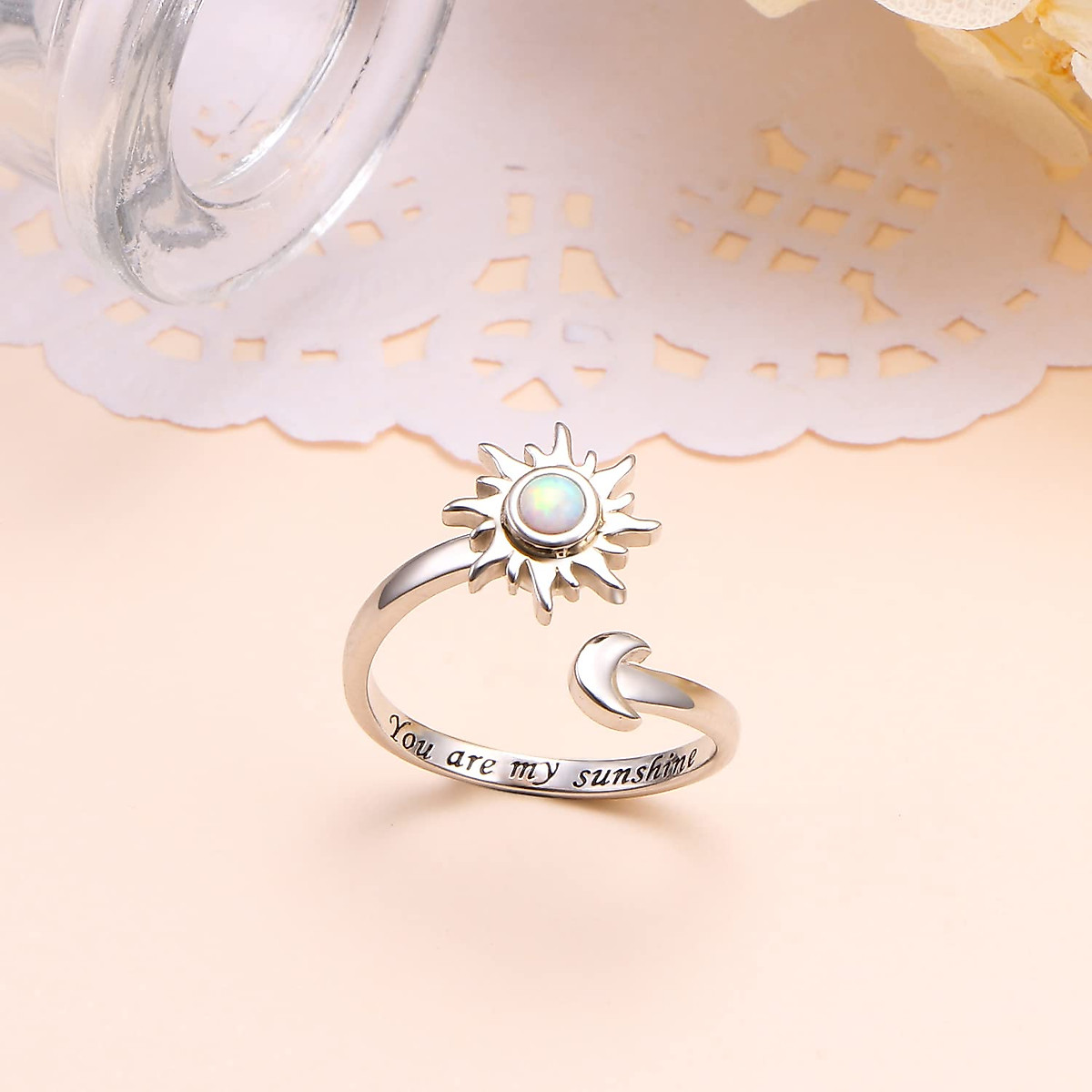 Anxiety Rings for Women S925 Sterling Silver Created Opal Sun and Moon Fidget Spinner Ring Adjustable Open End Engraved You are my Sunshine Spinner Gift for Her