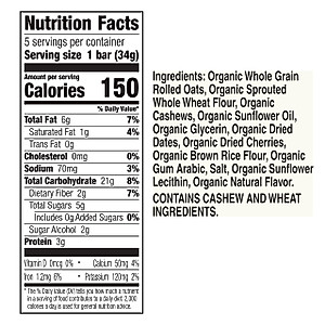 Cascadian Farm Organic Cherry Cashew Chewy Granola Bars, No Added Sugar, 6 oz, 5 Count