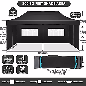 COBIZI 10x20 Pop Up Canopy with 6 Sidewall,Heavy Duty Canopy UPF 50+ All Season Wind Waterproof Commercial Outdoor Wedding Party Tents for Parties Canopy Gazebo with Roller Bag(10 x 20 ft Black)