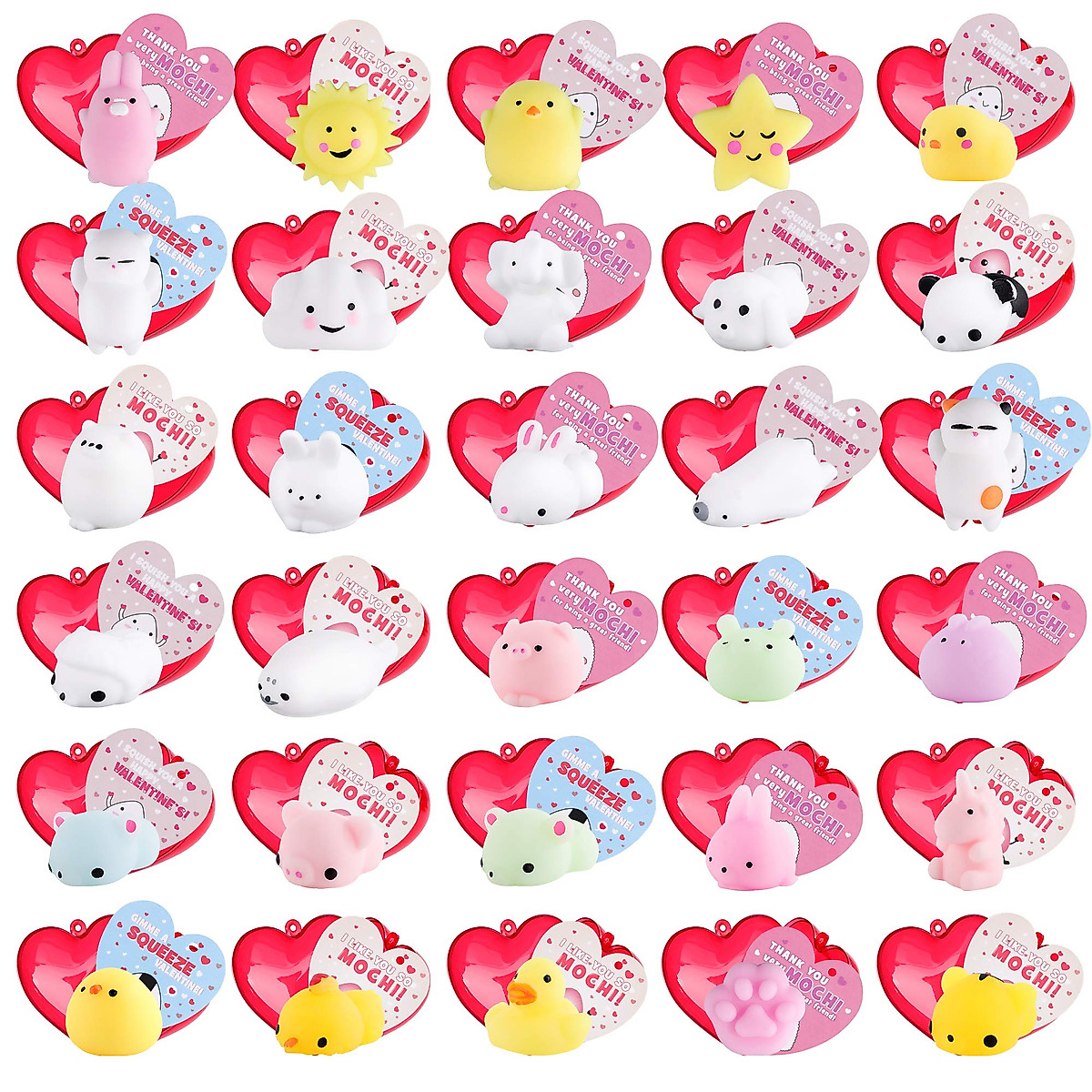 FiGoal 30 PCS Valentine’s Day Kids Gift Mochi Set with 30 Assorted Mochi Filled Hearts and 30 Valentines Gift Cards for Kids Classroom Prize Student Toy Present Valentine Gift Exchange
