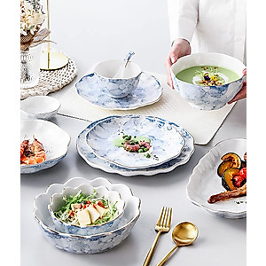 8 Inches Froth Pattern Design Ceramic Dinner Plates-Set of 2-Blue&White Kitchenware