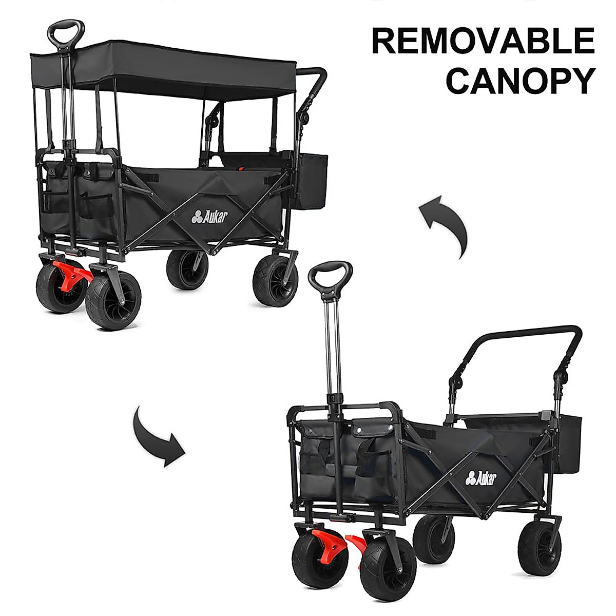 AUKAR Collapsible Canopy Wagon - Heavy Duty Utility Outdoor Garden Cart - with Adjustable Handles, for Shopping, Picnic, Camping, Sports - Black