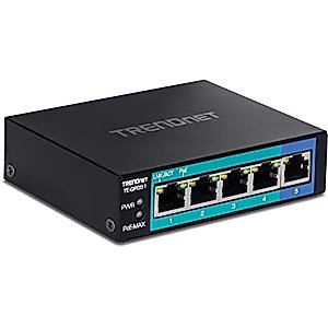 TRENDnet 5-Port Unmanaged Gigabit PoE+ Switch, 4 x Gigabit PoE+, 1 x Gigabit Port, 10Gbps Switching Capacity, 35W PoE Power Budget, Metal Network Ethernet Switch, Fanless, Black, TE-GP051