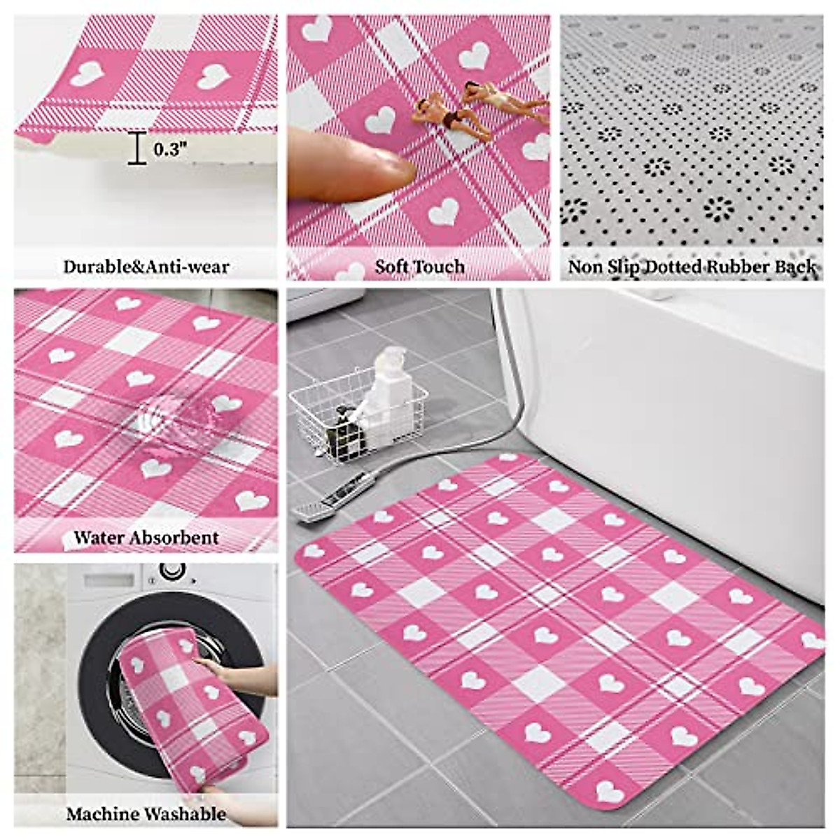 Valentines Day Bathroom Rugs Sets Love Heart Bath Mats Set with Toilet Lid Cover Non Slip Bathroom Mat, U-Shaped Contour Toilet Mat, Pink Buffalo Plaid Check 3 Piece Bathroom Rugs
