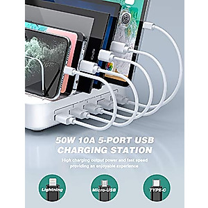 Charging Station for Multiple Devices - 5 in 1 Charging Dock Built-in AC Adapter with 5 USB Fast Ports and 8 Short Cables Charging Stand for iWatch, Airpods, Cell Phones, Smart Phones, Tablets (WHITE)