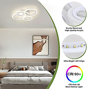 ZUYURT Modern LED Ceiling Light, White Flush Mount Ceiling Light, 4 Rings Close to Ceiling Lamp Lighting Fixture for Kitchen, Living Room, Bedroom, Laundry Room, 4000K