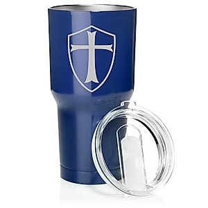 Smooth Body Tumbler Stainless Steel Vacuum Insulated Travel Mug Cup Gift Templar Shield Knight Cross (Blue, 30 oz)