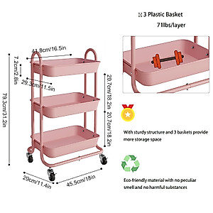 MIOCASA 3-Tier Metal Utility Rolling Cart, Heavy Duty Multifunction Cart with Lockable Casters, Easy to Assemble, Suitable for Office, Bathroom, Kitchen, Garden (Pink) (Metal&Plastic&Pink)