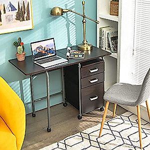 Tangkula Folding Computer Desk with 3 Storage Drawers, Mobile Home Office Desk Study Writing Desk with Smooth Wheels, Space Saving Compact Desk for Dorm Apartment, Rolling Folding Desk Table