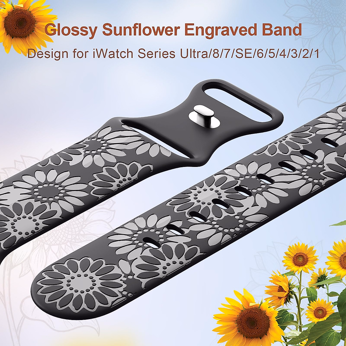 Sunflower Engraved Band Compatible with Apple Watch Bands 38mm 40mm 41mm 42mm 44mm 45mm 49mm Women, Designer Soft Glossy Floral Silicone Strap for iWatch Series Ultra 9 8 7 6 SE 5 4 3 2, Black-38