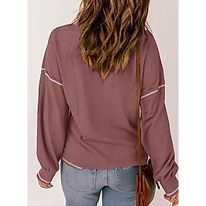 SHEWIN Womens Fall Shirt Tops Dressy Casual Loose Fit Waffle Knit Crewneck Tunic Tops 2024 Women Clothes,(US 18-20) 2XL,Mineral Red