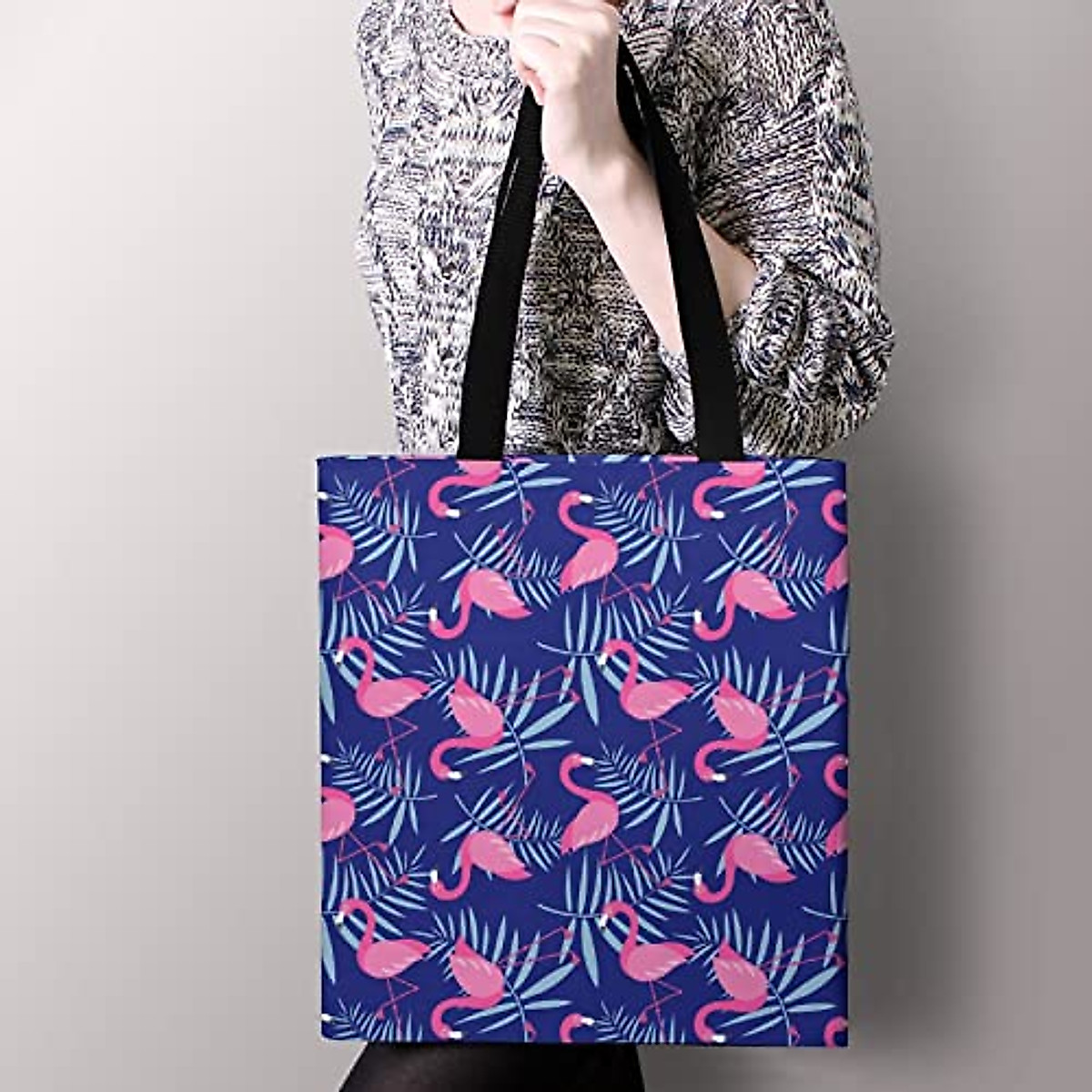 Dylaca 2pcs Pink Flamingo Bag Decorations and Flamingo Tote Bag Gifts,Canvas Animal Tote Bags for Women Men.Pink Flamingo With Leave.