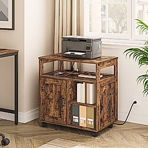 HOOBRO Printer Stand with Charging Station, Rolling Wood Storage Cabinet on Wheels, Printer Cart Table on Wheels for Home Office Rustic Brown FG60UPS01