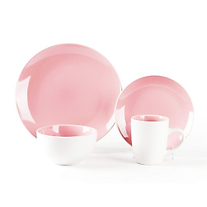 HomeVss, Stoneware Coupe Shape 16pc Dinnerware Set, Outside White + Inside Pink