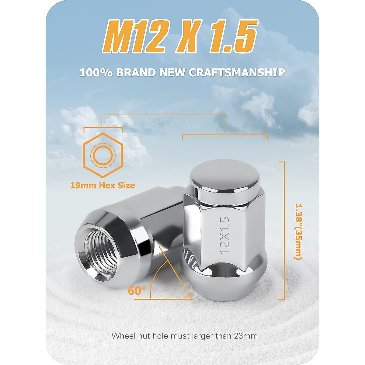 MIKKUPPA M12x1.5 Lug Nuts - Replacement for Ford Fusion Focus Escape Chevy Cruze Malibu Honda Civic Accord 1.38"Height 19mm Hex 60 Degree - 20pcs Chrome Closed End Lug Nut for Aftermarket Wheel