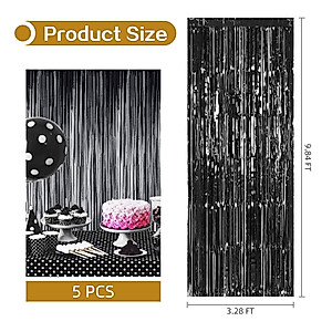 Ohiyoo 5 Pack 3.2ft x 9.8ft Black Foil Fringe Backdrop Curtains Metallic Tinsel Curtain Fringe Backdrop Streamer for Birthday Party Decoration Baby Shower Wedding Halloween Christmas Party Decor
