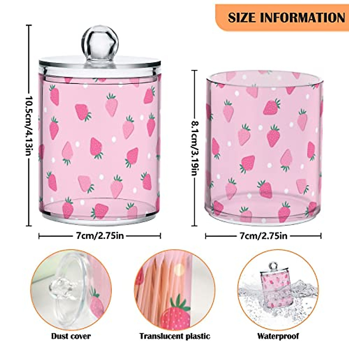 Kigai Cotton Swabs Organizer Pink Strawberry Qtip Holder Dispenser with Lid Apothecary Jar Set 2PCS Reusable Clear Plastic Cans for Dry Food