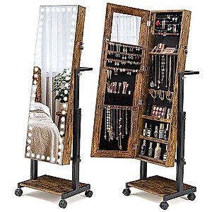 Lavievert LED Mirror Jewelry Cabinet with 4 Wheels, 47.2" Full Length Mirror with 3 Color Lights, Lockable Jewelry Armoire with Built-in Mirror, Bottom Shelf, 3 Adjustable Angles & Height - Brown