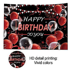Happy Birthday Photography Backdrop 7x5FT Polyester Red and Black Balloon Confetti Birthday Decoration Photo Booth Background for Kids Men Women Anniversary Birthday Party Banner Supplies
