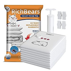 RichBears Vacuum Storage Bags, 8 Small Space Saver Bags for Comforters Blankets Clothes Pillows Bedding with Hand Pump