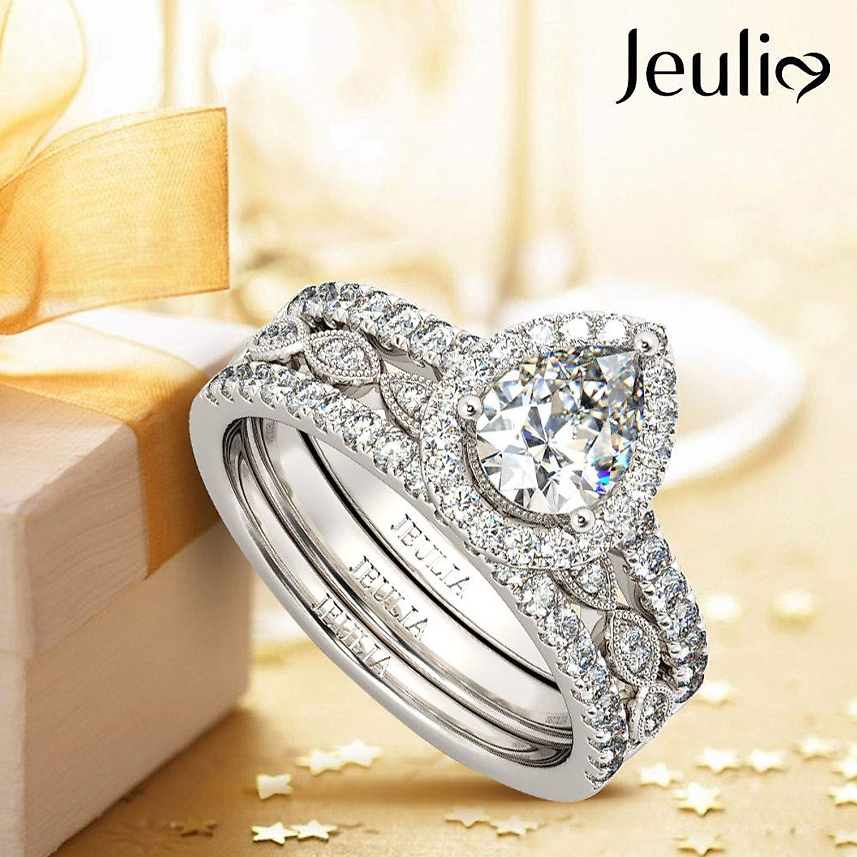 Jeulia Halo Pear Cut Ring Set CZ Heart Shape Engagement Ring for Women Sterling Silver White Diamond Bridal Set Promise Anniversary rings with Jewelry Gift Box (7.5)