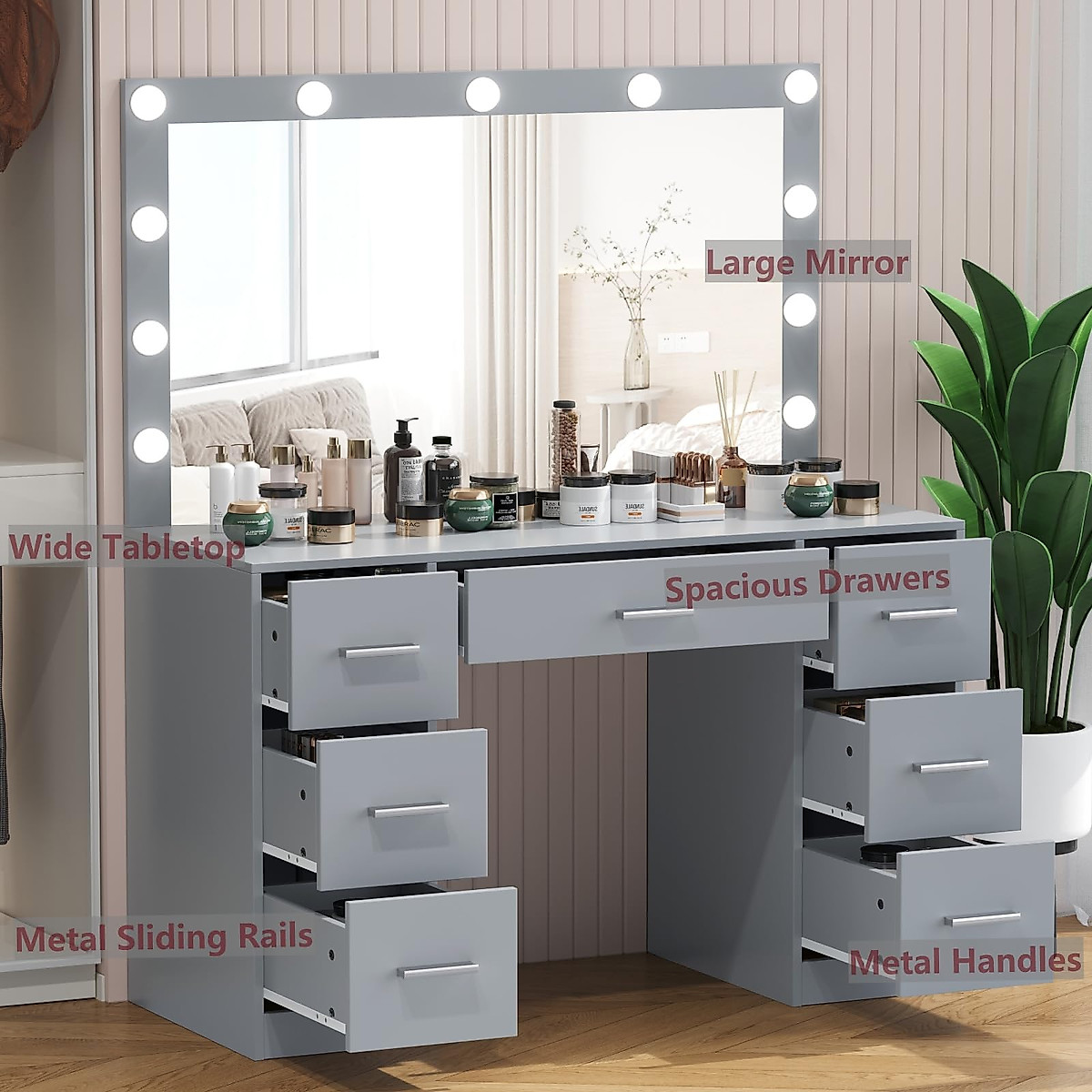 Irontar Vanity Table, Makeup Table with Lighted Mirror, 3 Color Lighting Modes, Brightness Adjustable, Dressing Table with Drawers, Vanity Desk for Women, Gray