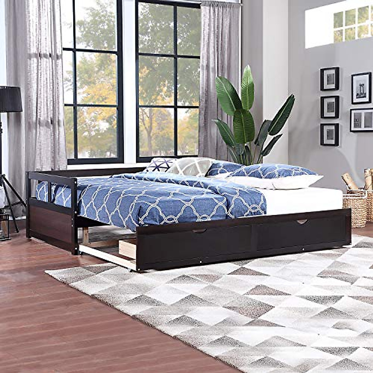 Flieks Daybed with Trundle Bed and 2 Storage Drawers, Sofa Bed, 78.2" L x 79" W Extendable Bed Daybed for Bedroom Living Room