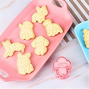 3D Dog Shaped Cookie Stamps Set, 6 pcs of Food Grade Plastic Doggy Stamping Cookie Cutters Fondant Stamper Set for Baking (Pink)