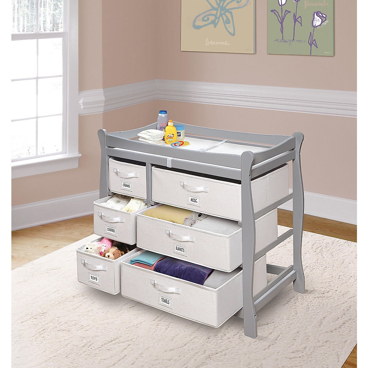 Sleigh Style Baby Changing Table with 6 Baskets - Cool Gray