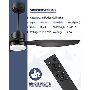 YOUKAIN 52 Inch Indoor/Outdoor Modern Ceiling Fan with Lights and Remote Control, Reversible Blades, for Living room, Bedroom, Bathroom, Matte Black, 52-YJ359-BK