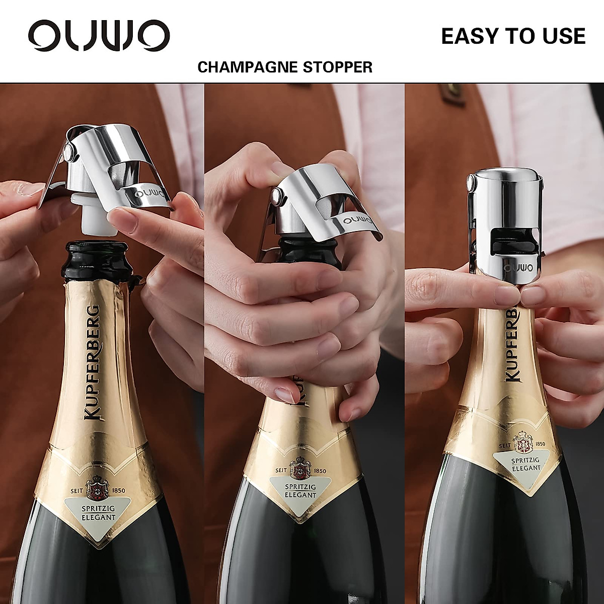 OUWO Champagne Stopper 6 Pack Stainless Steel Champagne Save with Food Grade Silicone，Leak-Proof Bubble Retaining Saver，Suitable for Champagne Prosecco Cava and Sparkling (Silver)