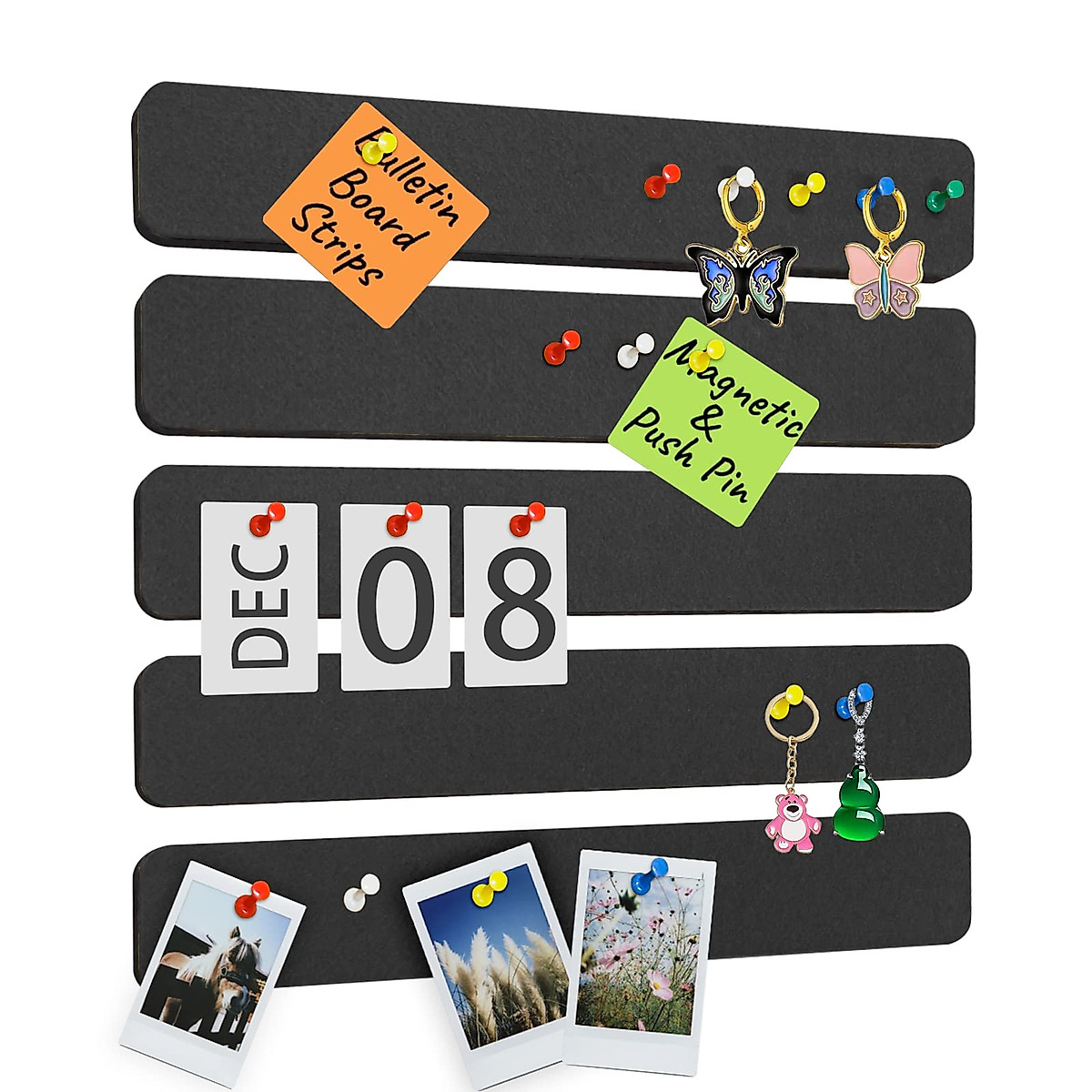 Bulletin Board, Jeethemy Felt Pin Board Bar Strips, Self Adhesive Cork Boards for Walls with 35 Push Pins for Bedrooms Offices Home Decoration,5 Pack,Black